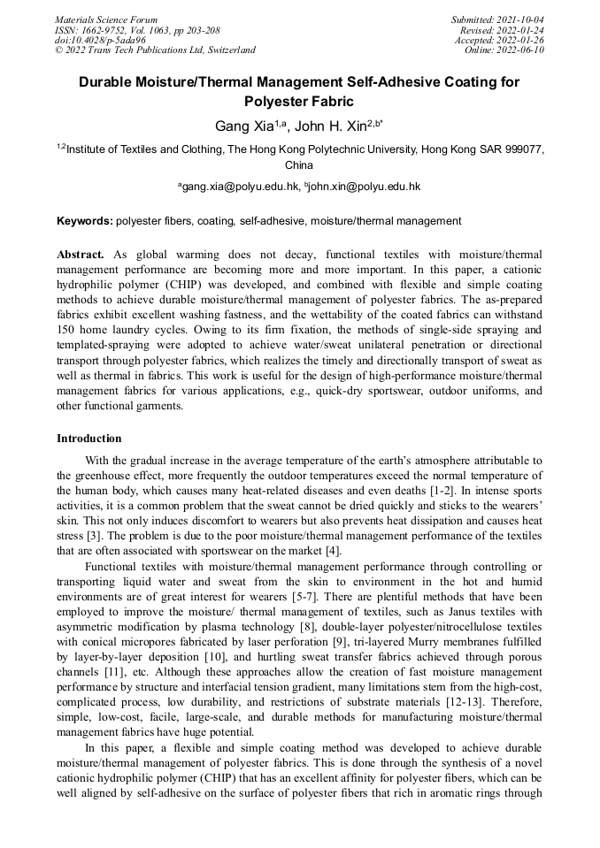 Durable Moisture/Thermal Management Self-Adhesive Coating for Polyester ...