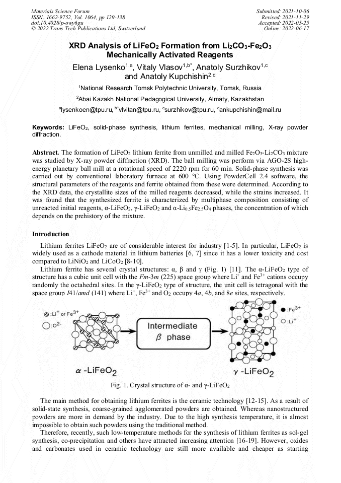 XRD Analysis of LiFeO2 Formation from Li2CO3-Fe2O3 Mechanically ...
