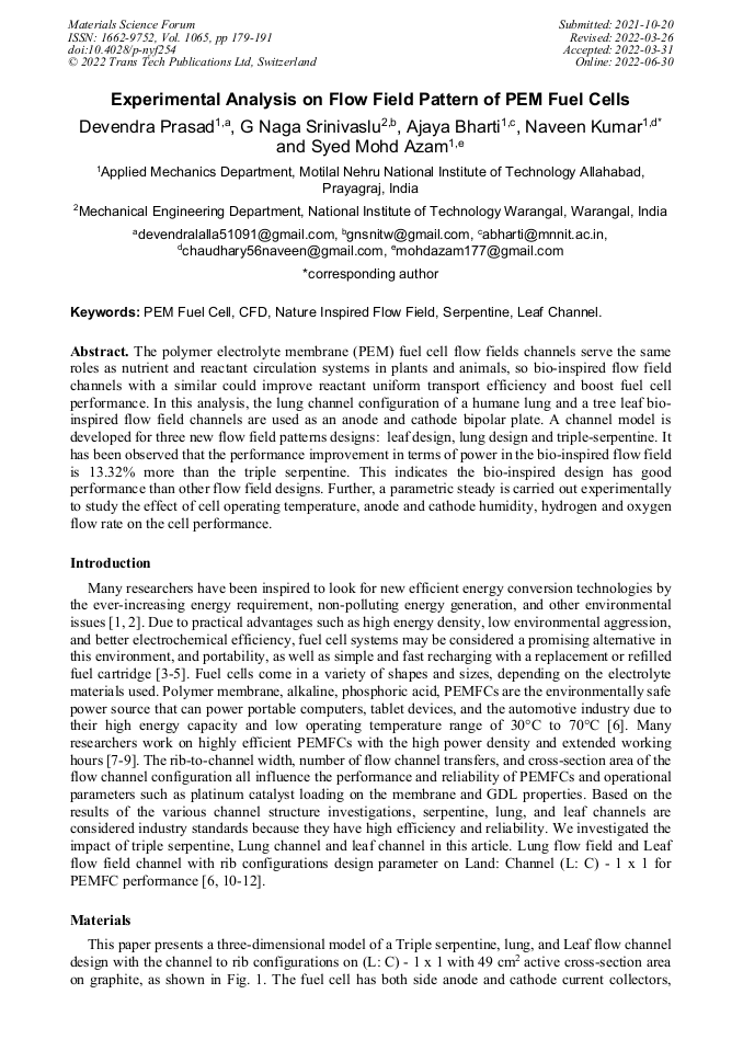 Experimental Analysis on Flow Field Pattern of PEM Fuel Cells ...