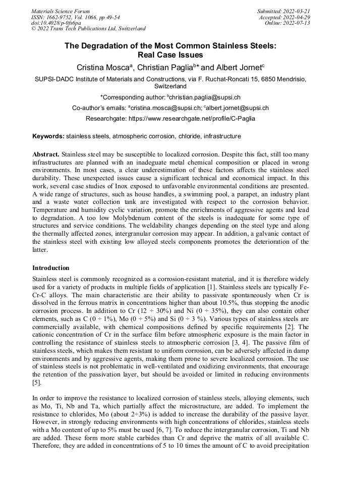 The Degradation of the most Common Stainless Steels: Real Case Issues ...