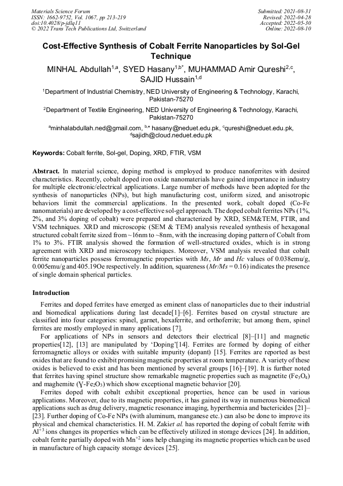 Cost-Effective Synthesis of Cobalt Ferrite Nanoparticles by Sol-Gel ...