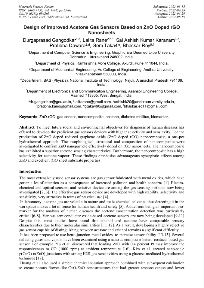 Design of Improved Acetone Gas Sensors Based on ZnO Doped rGO ...