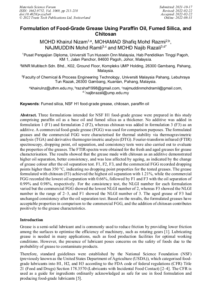 Formulation of Food-Grade Grease Using Paraffin Oil, Fumed Silica, and ...