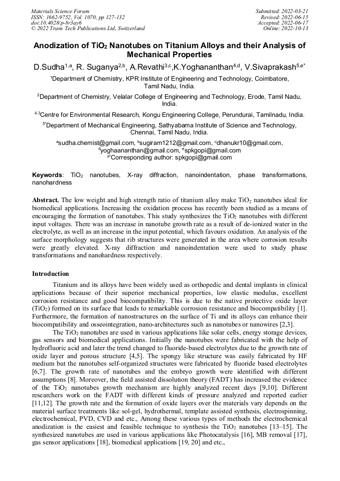 Anodization of TiO2 Nanotubes on Titanium Alloys and their Analysis of ...