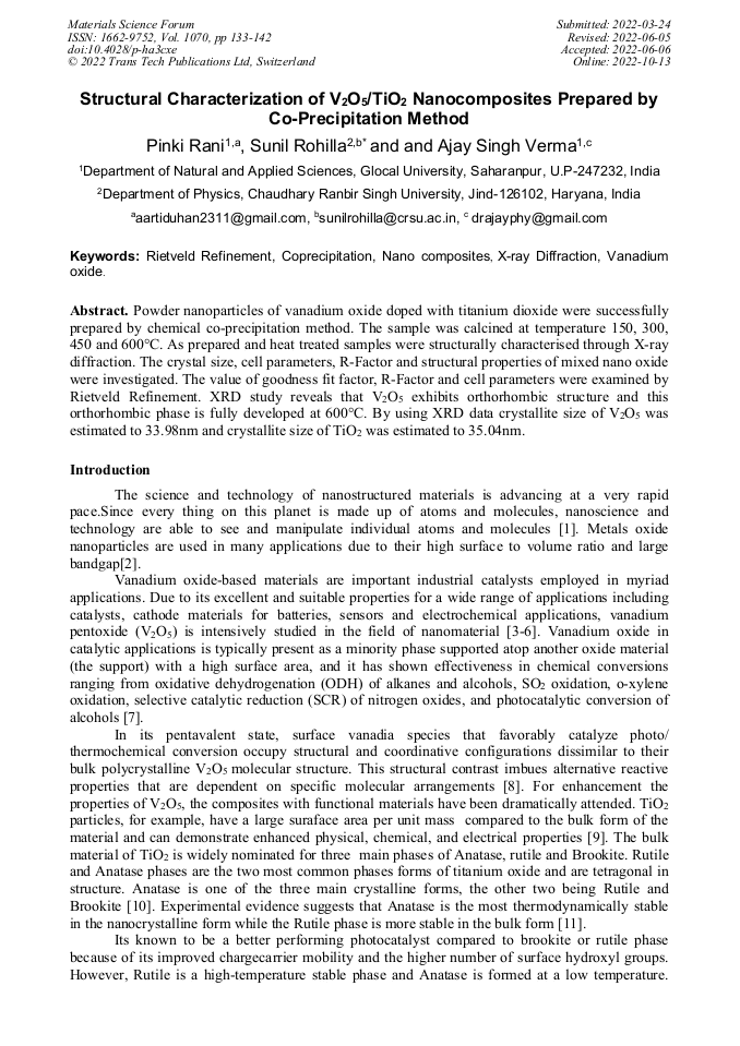 Structural Characterization of V2O5/TiO2 Nanocomposites Prepared by Co ...