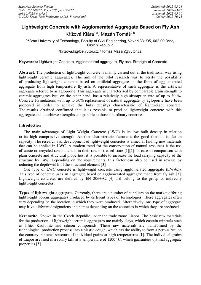 Lightweight Concrete with Agglomerated Aggregate Based on Fly Ash ...