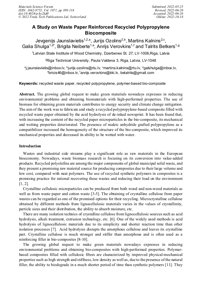 A Study on Waste Paper Reinforced Recycled Polypropylene Biocomposite ...