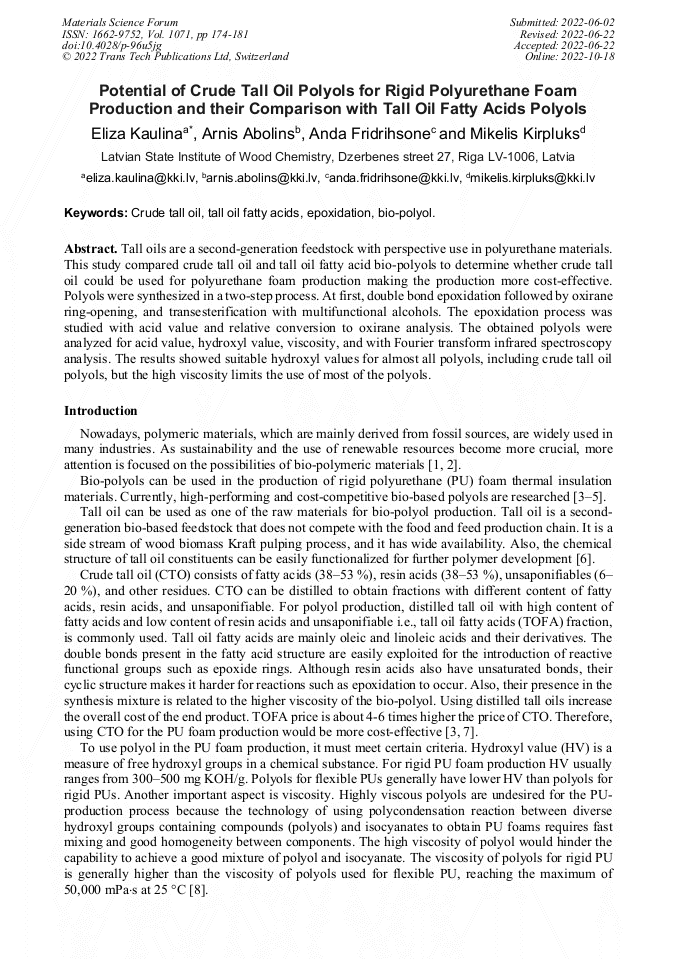 Potential of Crude Tall Oil Polyols for Rigid Polyurethane Foam ...