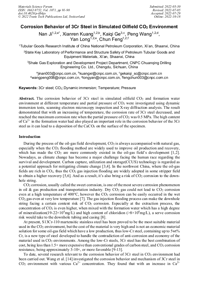 Corrosion Behavior of 3Cr Steel in Simulated Oilfield CO2 Environment ...