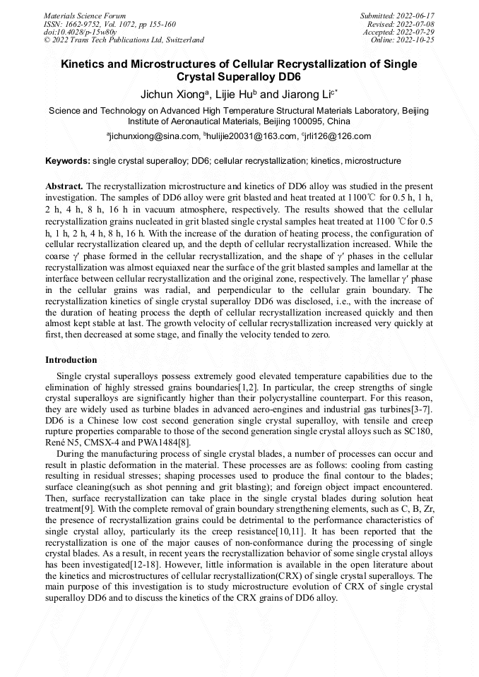 Kinetics and Microstructures of Cellular Recrystallization of Single ...