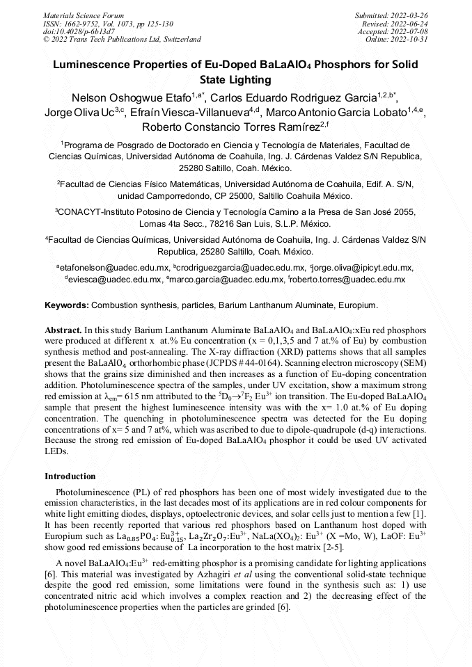 Luminescence Properties of Eu-Doped BaLaAlO4 Phosphors for Solid State ...