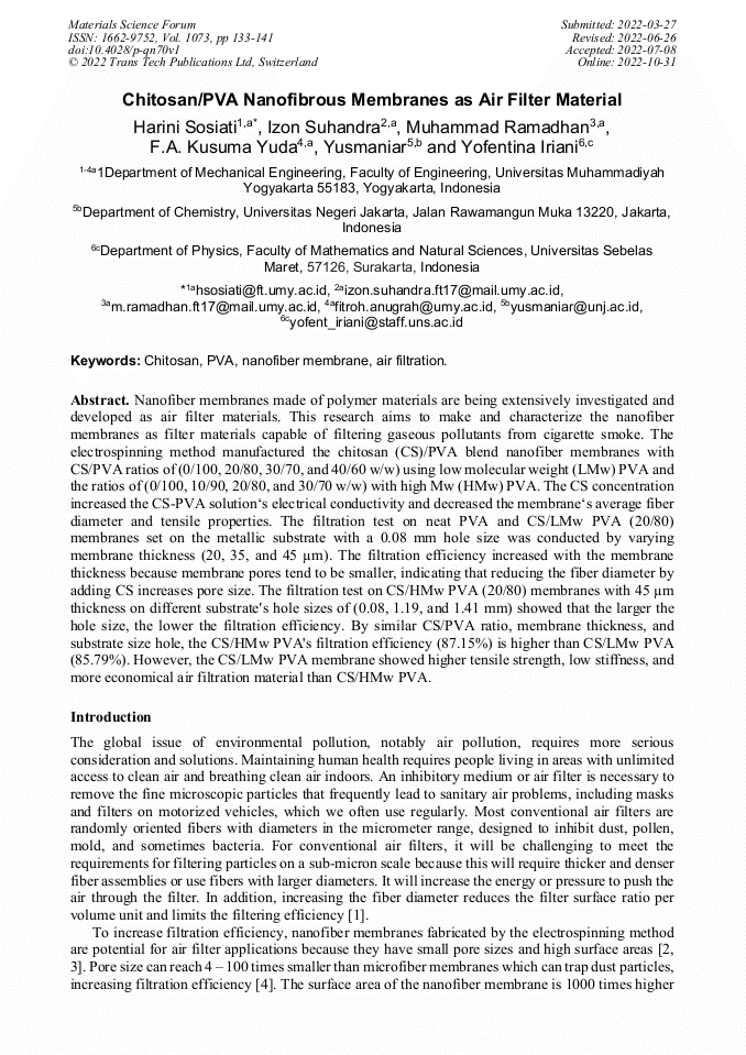 Chitosan/PVA Nanofibrous Membranes as Air Filter Material | Scientific.Net