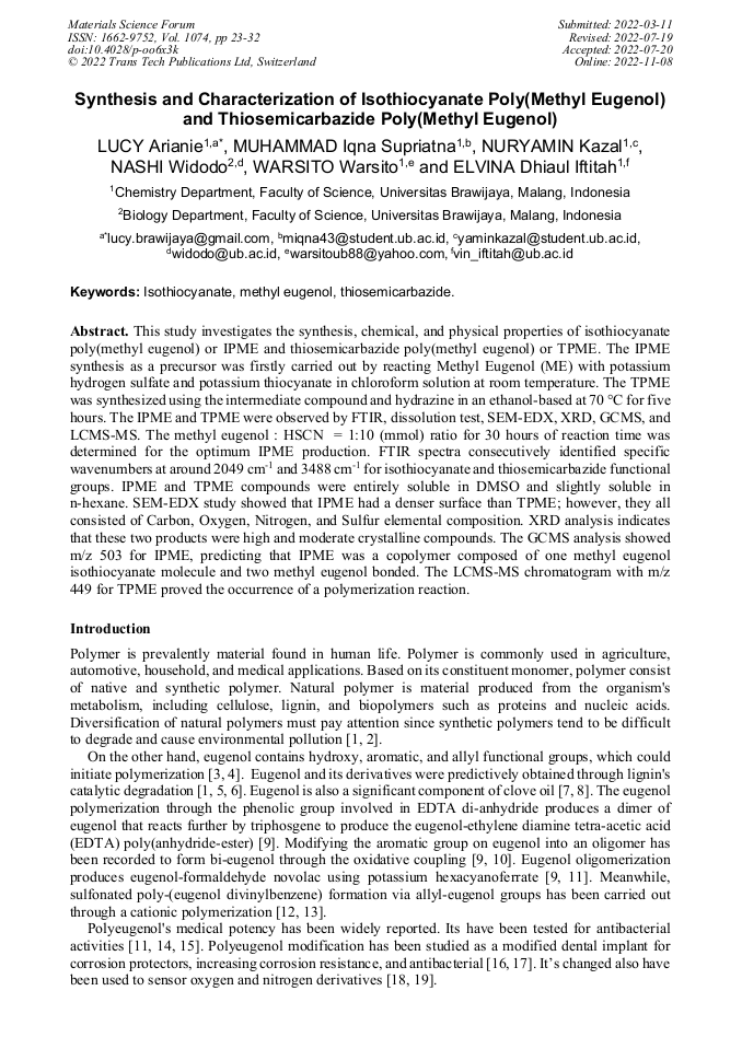 Synthesis and Characterization of Isothiocyanate Poly(Methyl Eugenol ...