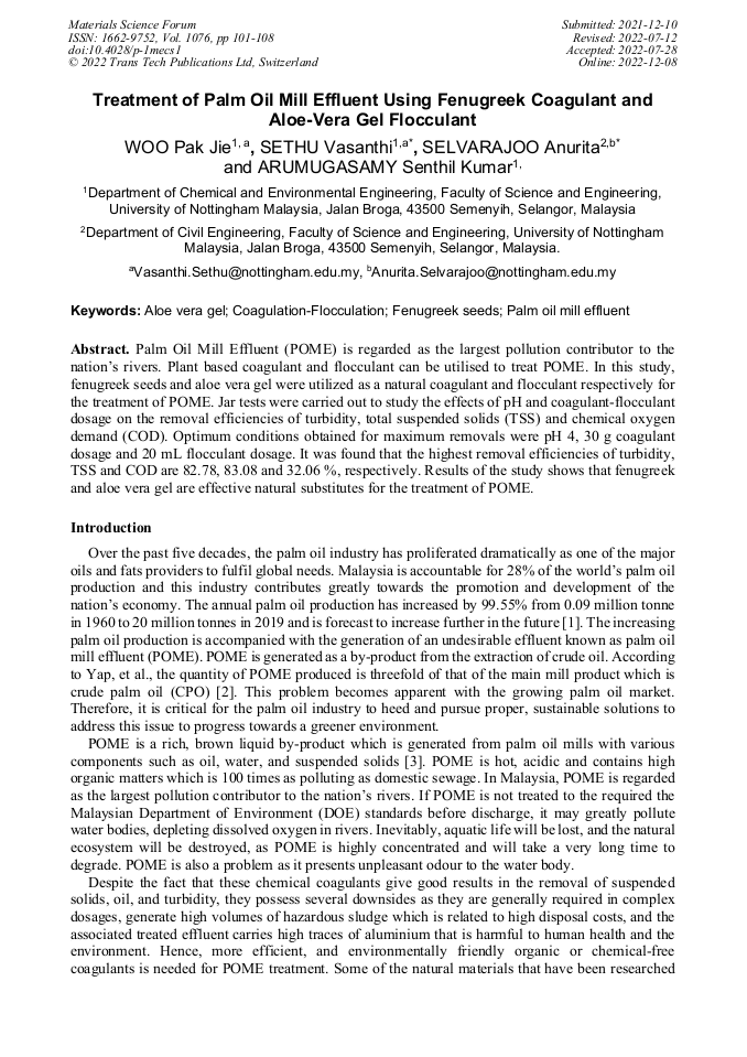 Treatment of Palm Oil Mill Effluent Using Fenugreek Coagulant and Aloe ...