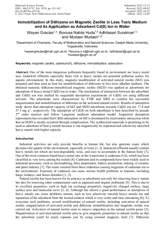 Immobilization of Dithizone on Magnetic Zeolite in Less Toxic Medium ...