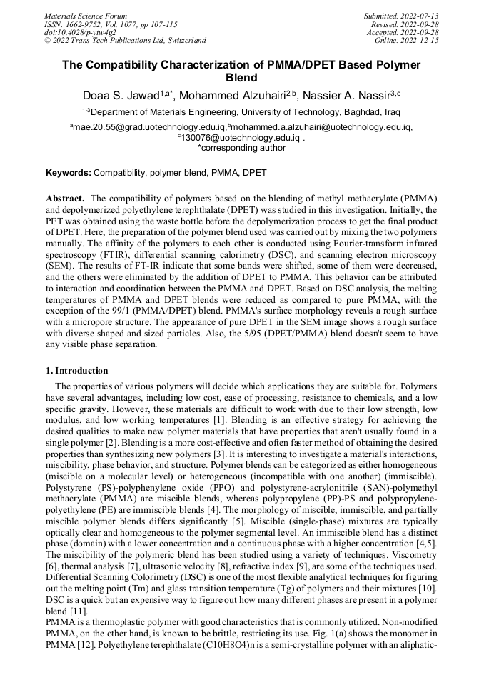 The Compatibility Characterization of PMMA/DPET Based Polymer Blend ...