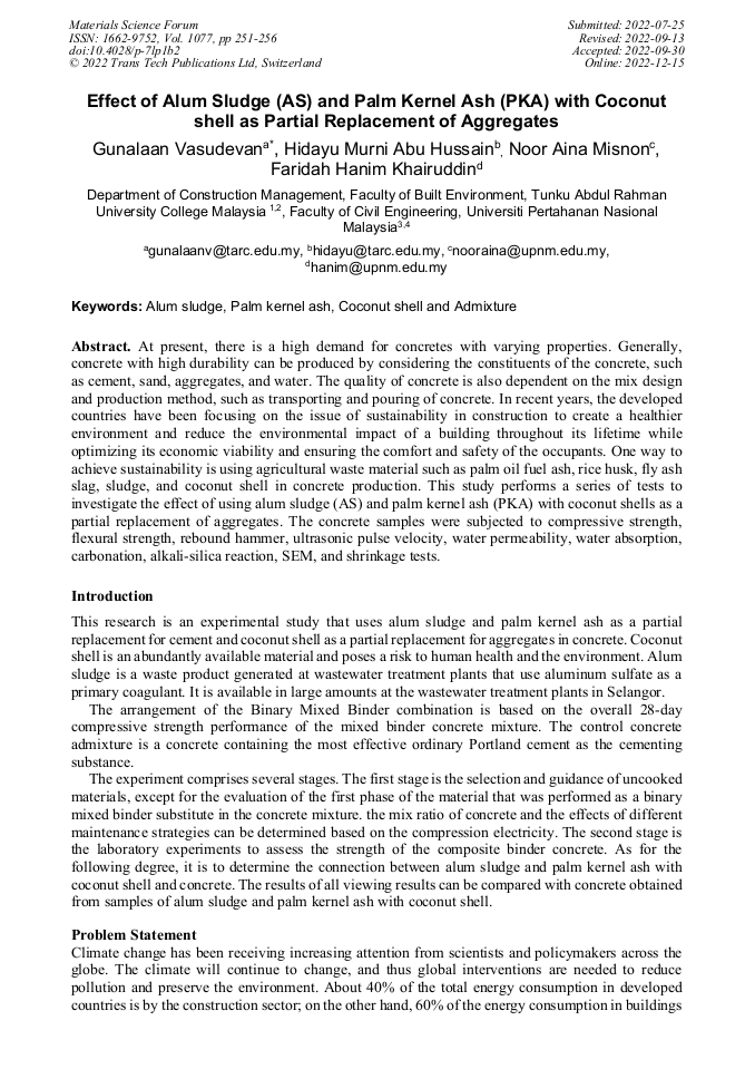 Effect of Alum Sludge (AS) and Palm Kernel Ash (PKA) with Coconut Shell ...