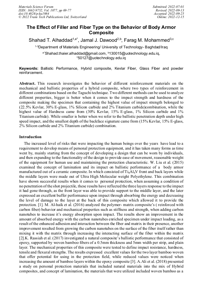 The Effect of Filler and Fiber Type on the Behavior of Body Armor ...