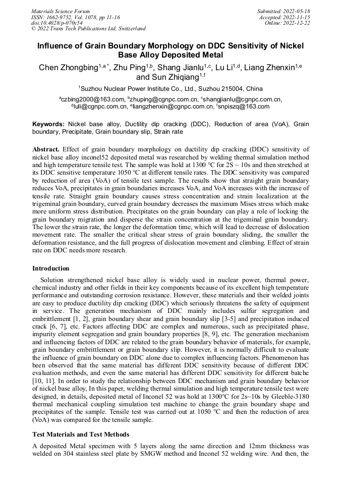 Influence of Grain Boundary Morphology on DDC Sensitivity of Nickel ...
