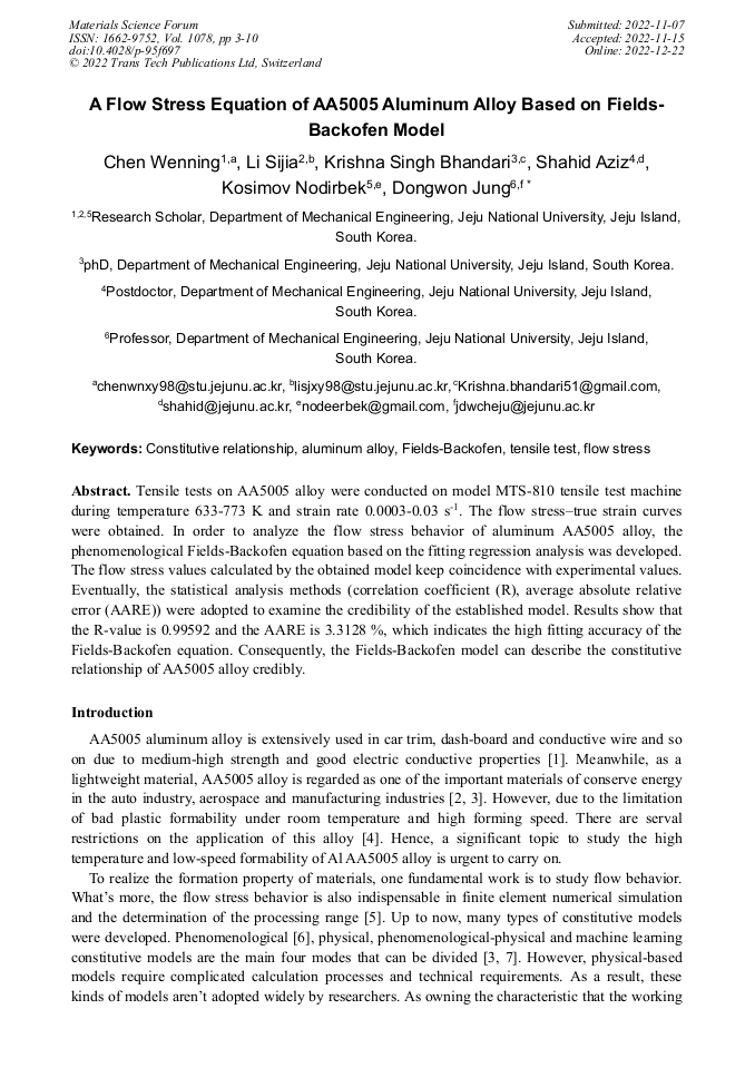 A Flow Stress Equation of AA5005 Aluminum Alloy Based on Fields ...