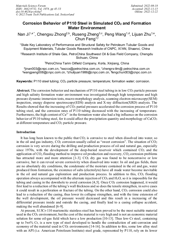 Corrosion Behavior of P110 Steel in Simulated CO2 and Formation Water ...