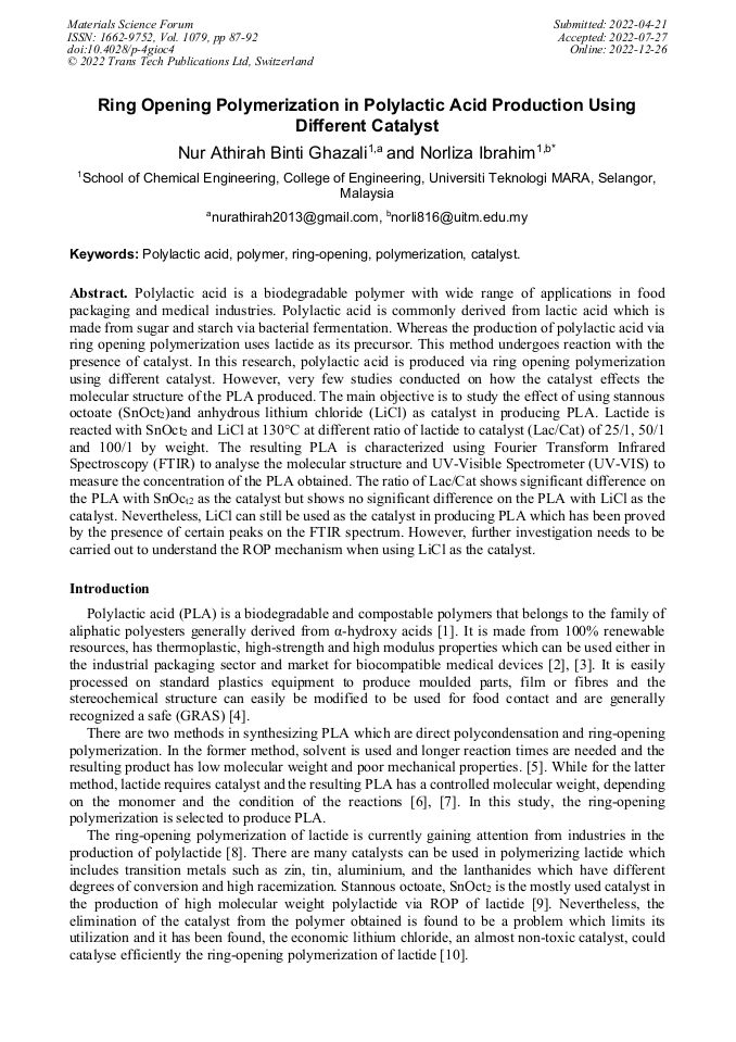 Ring Opening Polymerization in Polylactic Acid Production Using ...