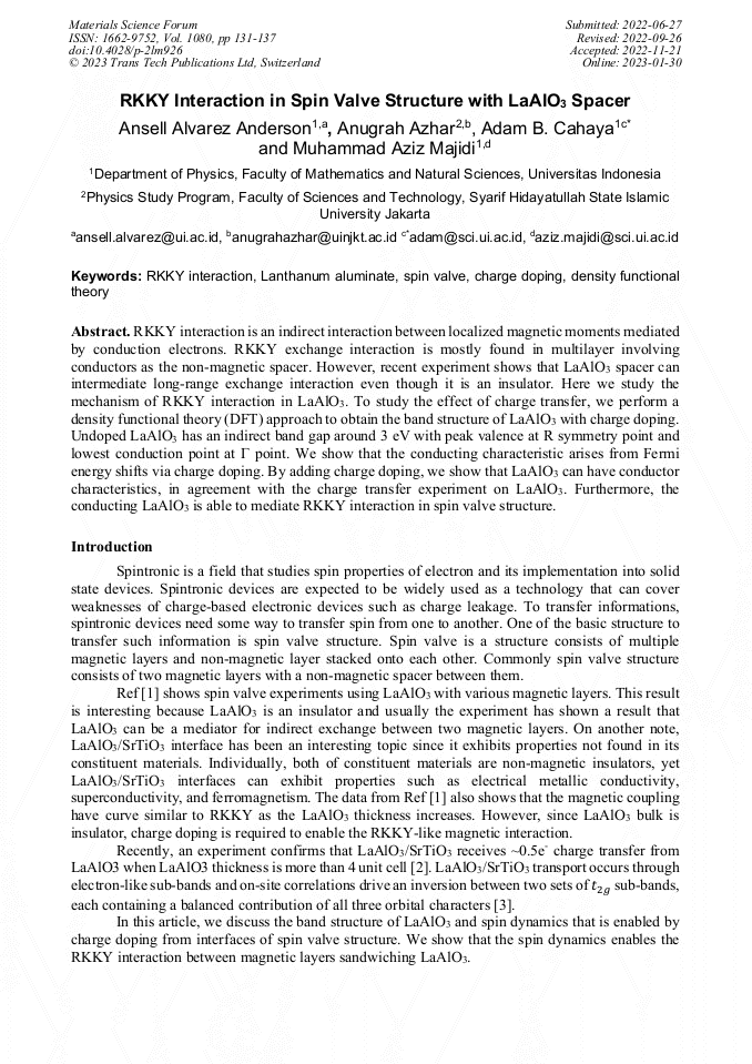 RKKY Interaction in Spin Valve Structure with LaAlO3 Spacer ...
