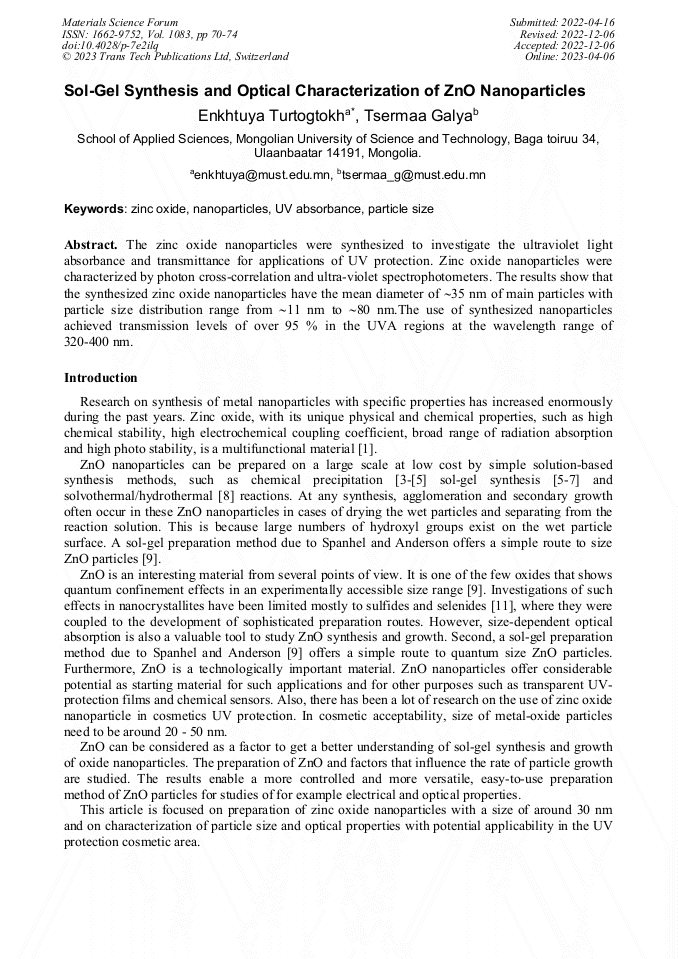 Sol-Gel Synthesis and Optical Characterization of Zno Nanoparticles ...