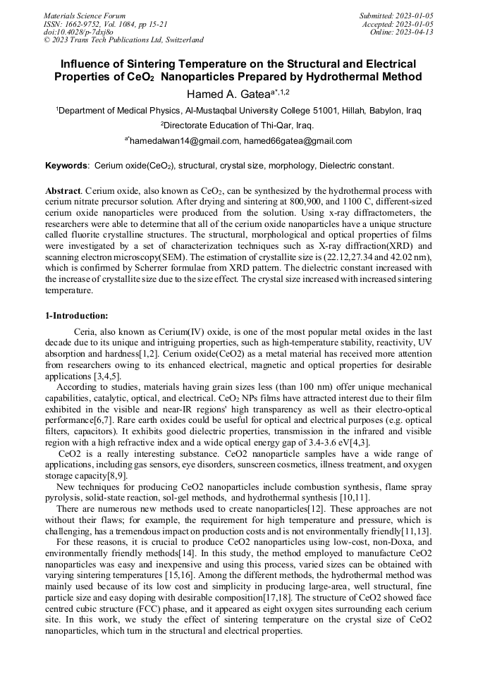 Influence of Sintering Temperature on the Structural and Electrical Properties of CeO2 ...