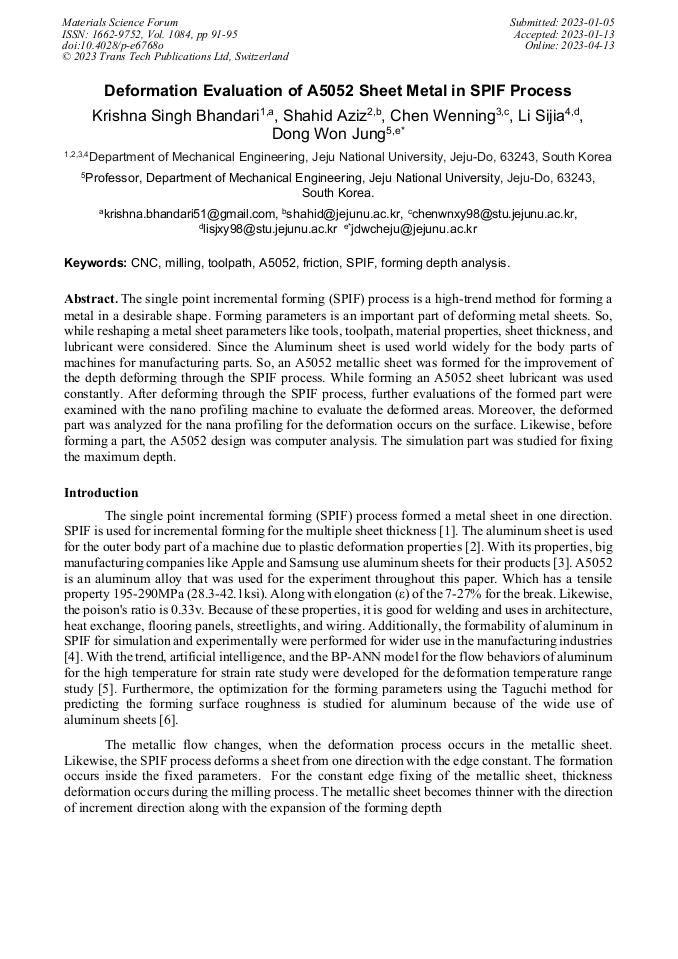 Deformation Evaluation of A5052 Sheet Metal in SPIF Process ...