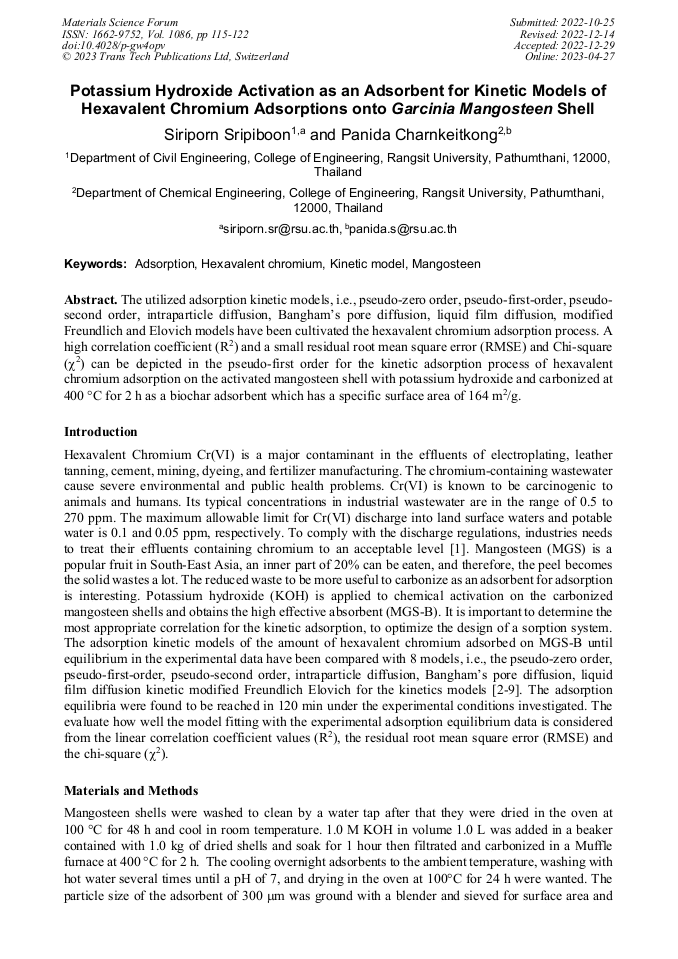 Potassium Hydroxide Activation as an Adsorbent for Kinetic Models of ...