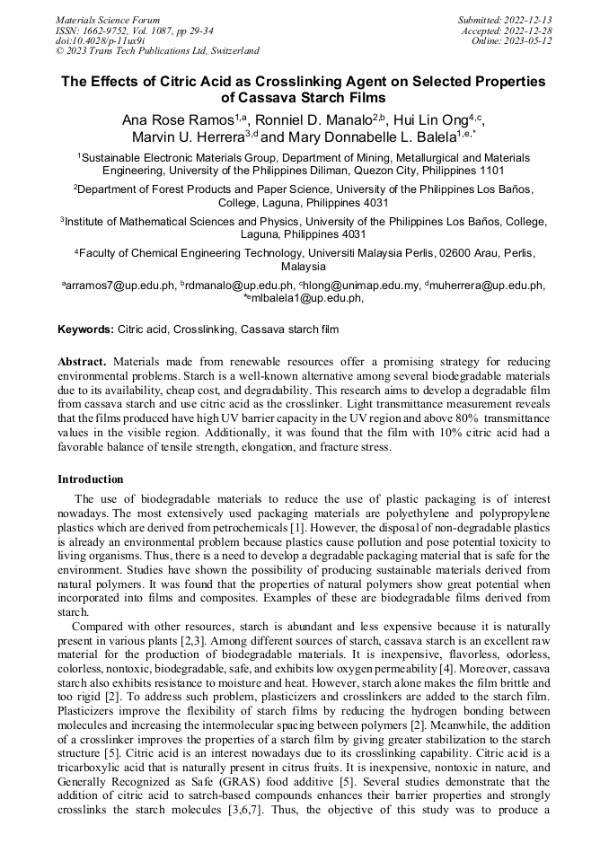 The Effects of Citric Acid as Crosslinking Agent on Selected Properties ...