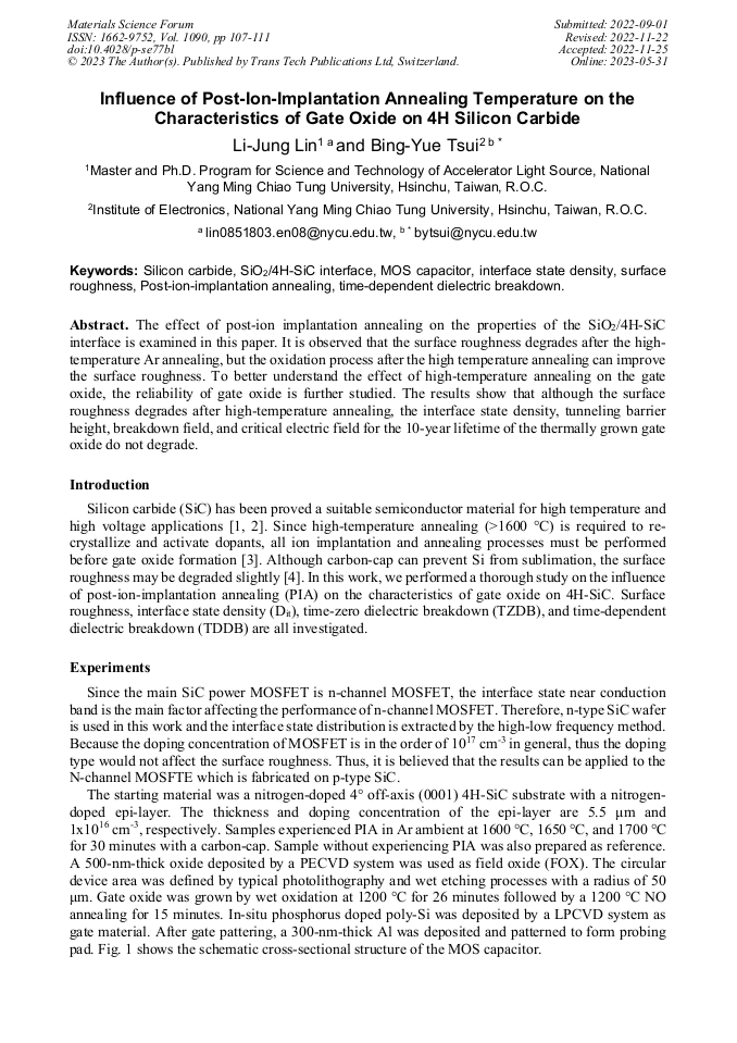 Influence of Post-Ion-Implantation Annealing Temperature on the ...