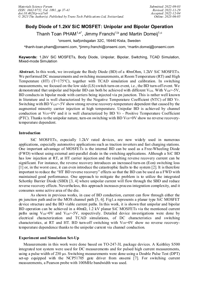 Body Diode of 1.2kV SiC MOSFET: Unipolar and Bipolar Operation ...