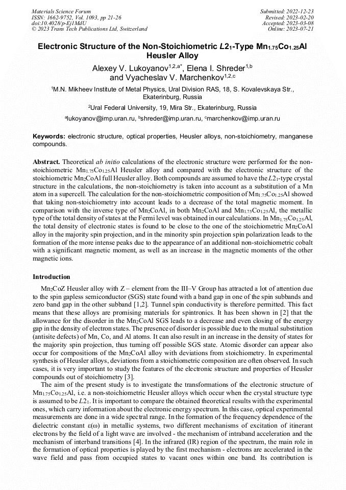 Electronic Structure of the Non-Stoichiometric L21-Type Mn1.75Co1.25Al ...