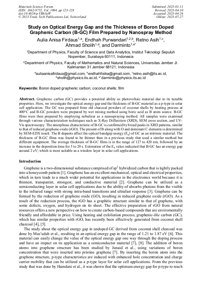 Study on Optical Energy Gap and the Thickness of Boron Doped Graphenic ...