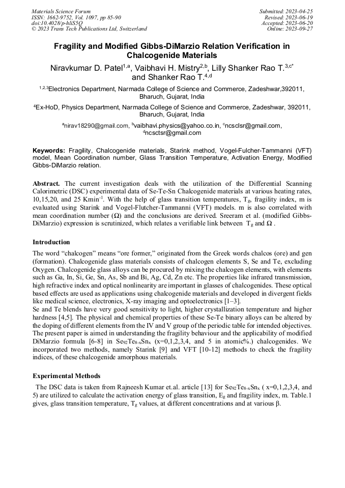 Fragility and Modified Gibbs-DiMarzio Relation Verification in ...