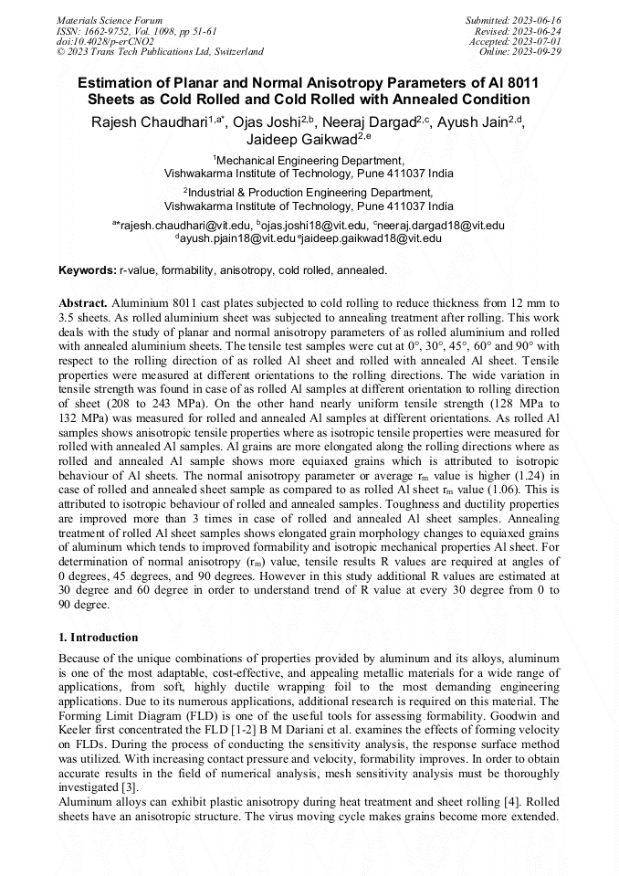 Estimation of Planar and Normal Anisotropy Parameters of Al 8011 Sheets ...