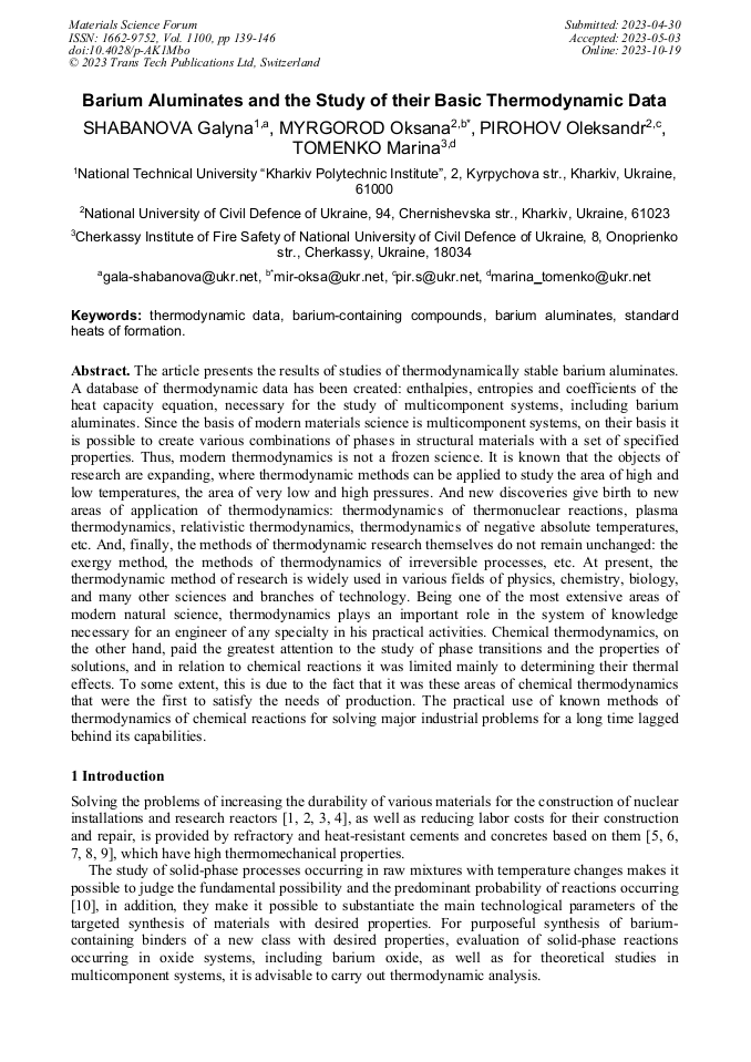 Barium Aluminates and the Study of their Basic Thermodynamic Data ...