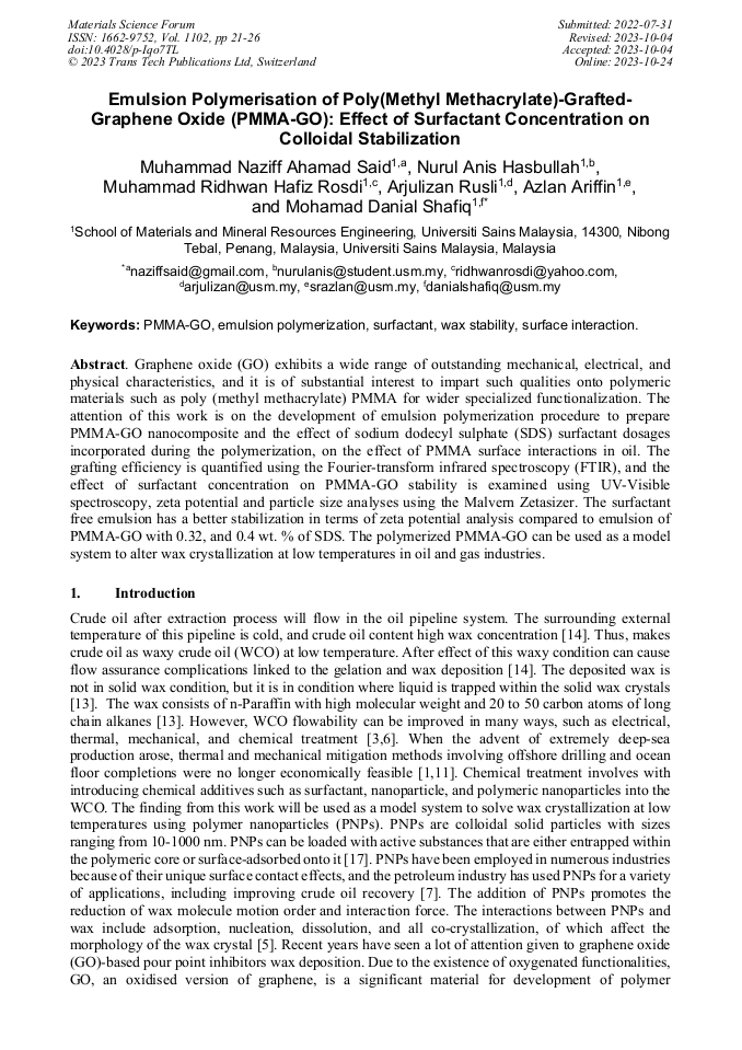 Emulsion Polymerisation of Poly(Methyl Methacrylate)-Grafted-Graphene ...