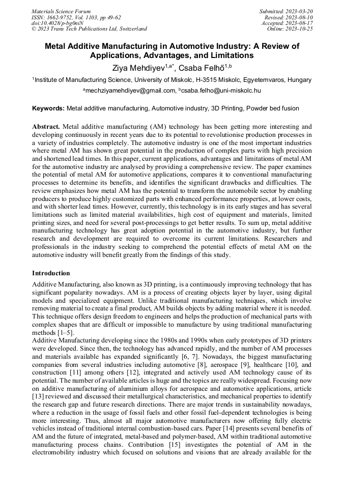 Metal Additive Manufacturing in Automotive Industry: A Review of ...