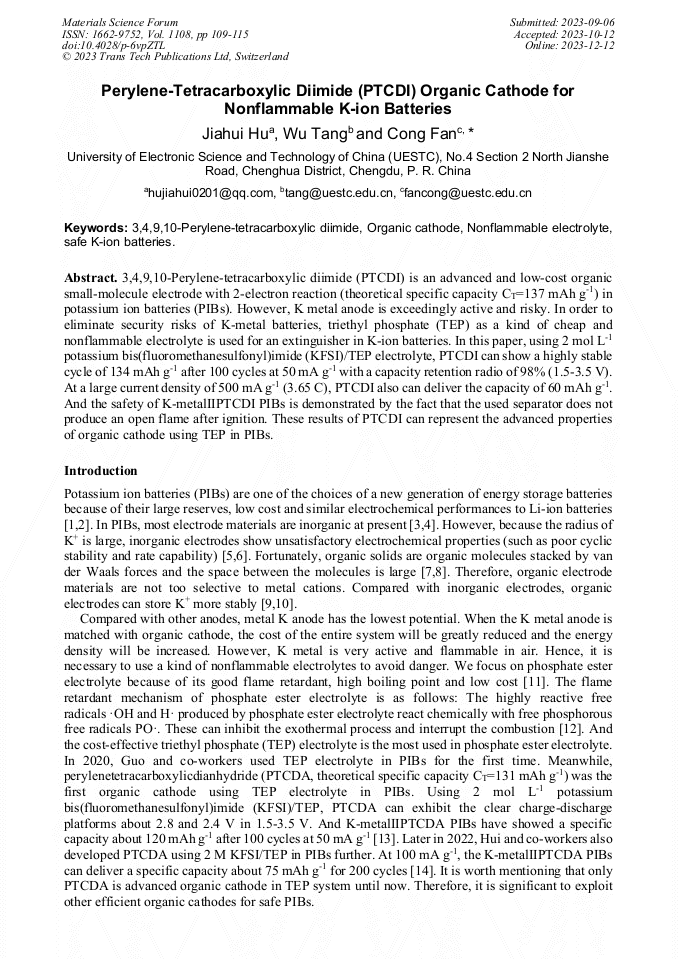 Perylene-Tetracarboxylic Diimide (PTCDI) Organic Cathode for ...