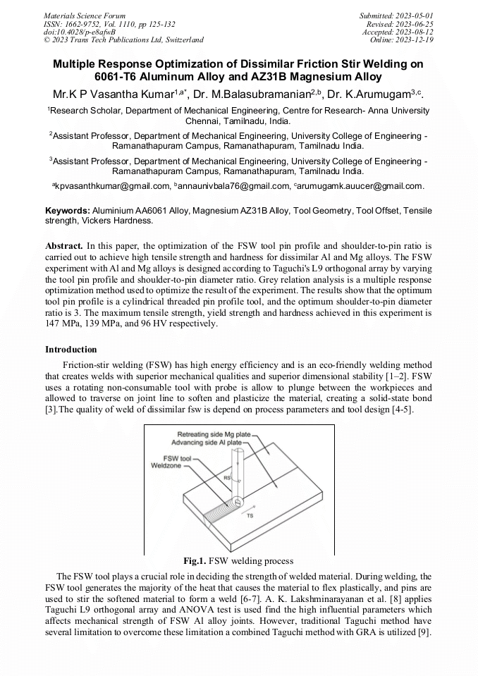 Multiple Response Optimization of Dissimilar Friction Stir Welding on ...