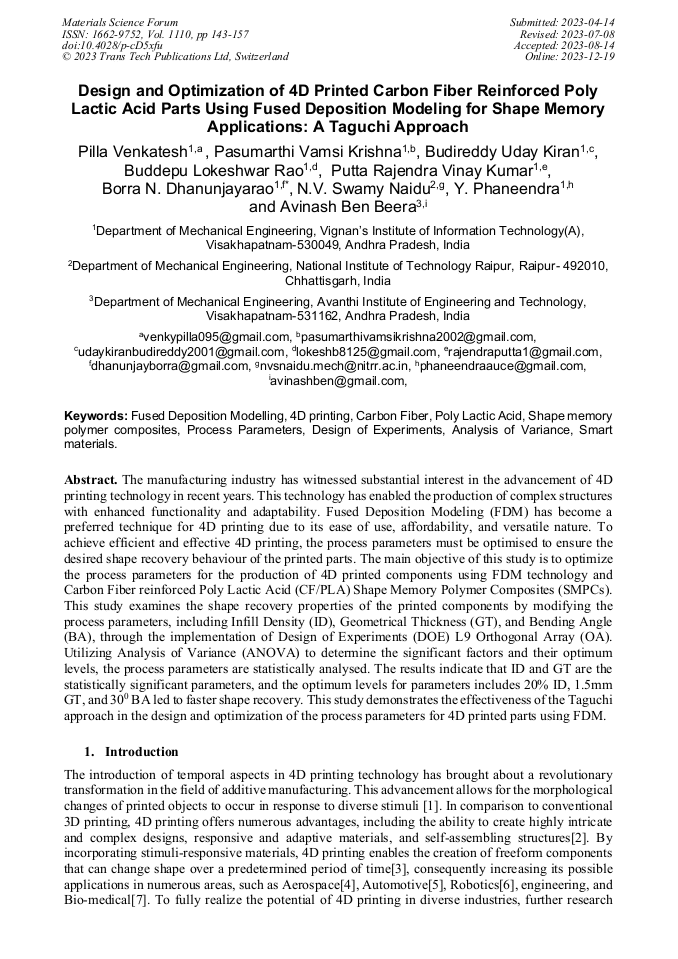Design and Optimization of 4D Printed Carbon Fiber Reinforced Poly Lactic Acid Parts Using Fused ...