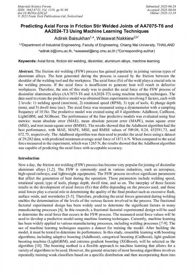 Predicting Axial Force in Friction Stir Welded Joints of AA7075-T6 and ...