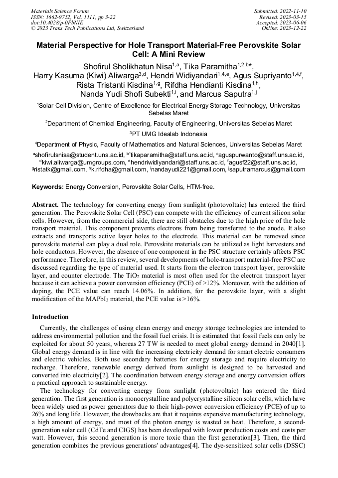 Material Perspective for Hole Transport Material-Free Perovskite Solar ...