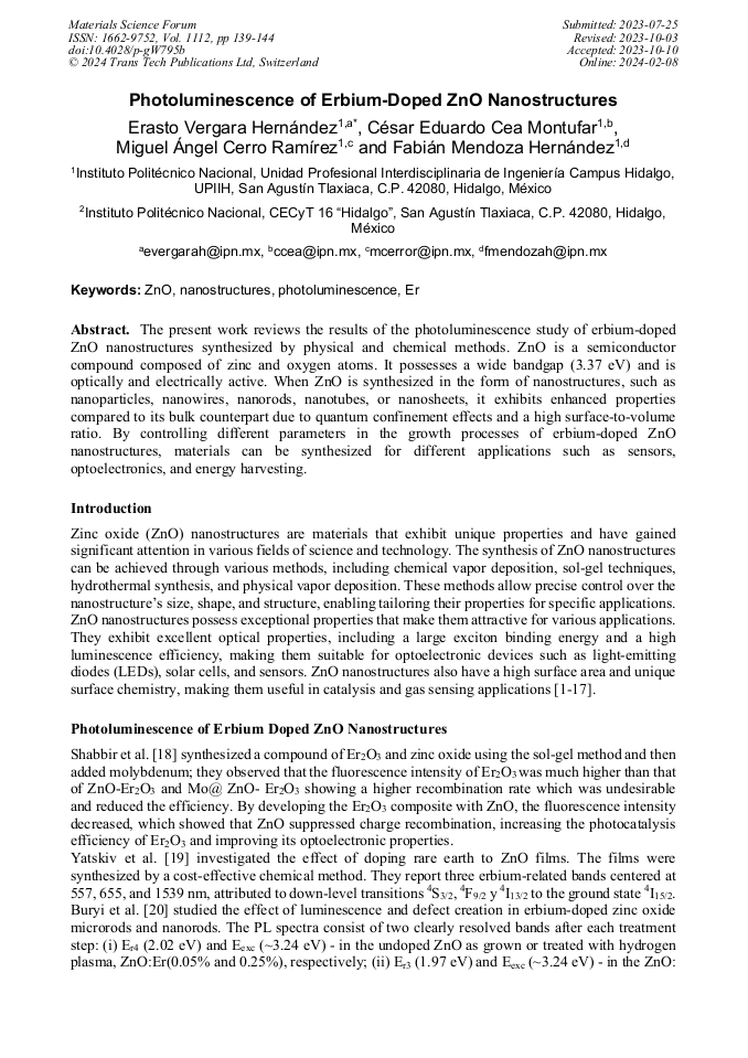 Photoluminescence of Erbium-Doped ZnO Nanostructures | Scientific.Net