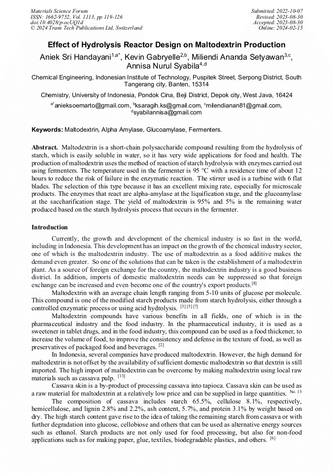 Effect of Hydrolysis Reactor Design on Maltodextrin Production ...