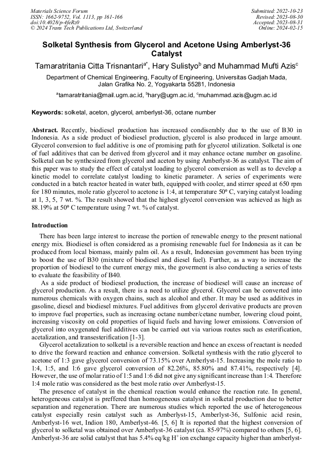 Solketal Synthesis from Glycerol and Acetone Using Amberlyst-36 Catalyst | Scientific.Net