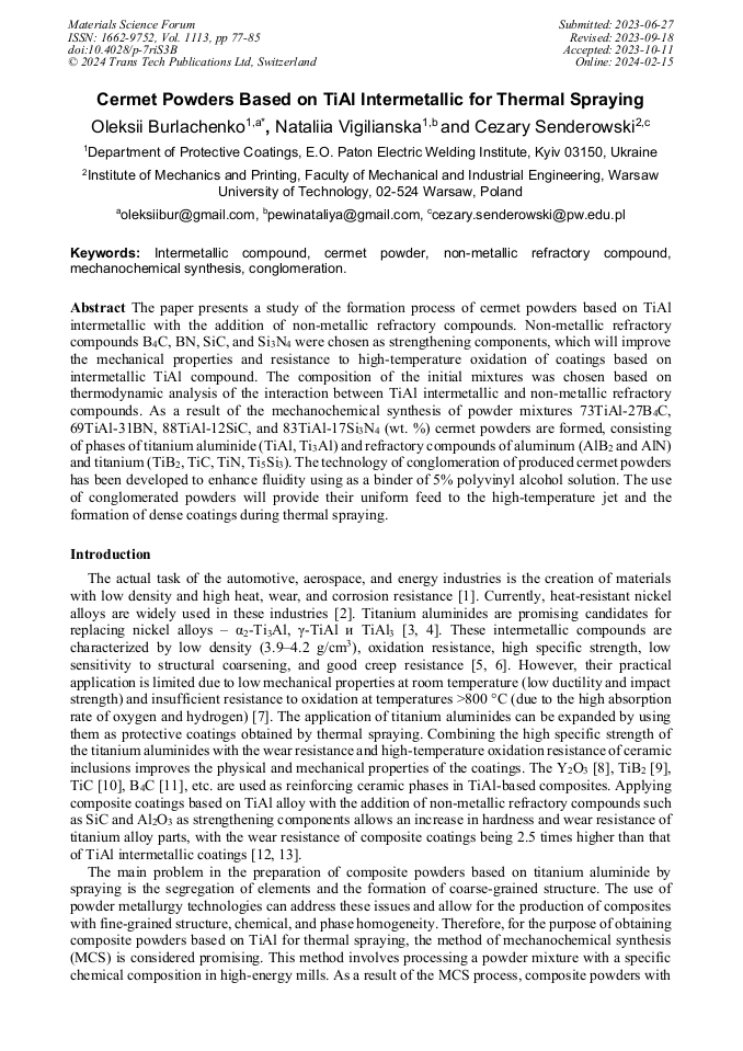 Cermet Powders Based on TiAl Intermetallic for Thermal Spraying ...